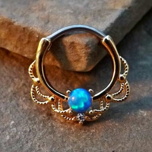 Gold Septum Clicker Ring / Daith Earring With Blue Fire Opal - Etsy