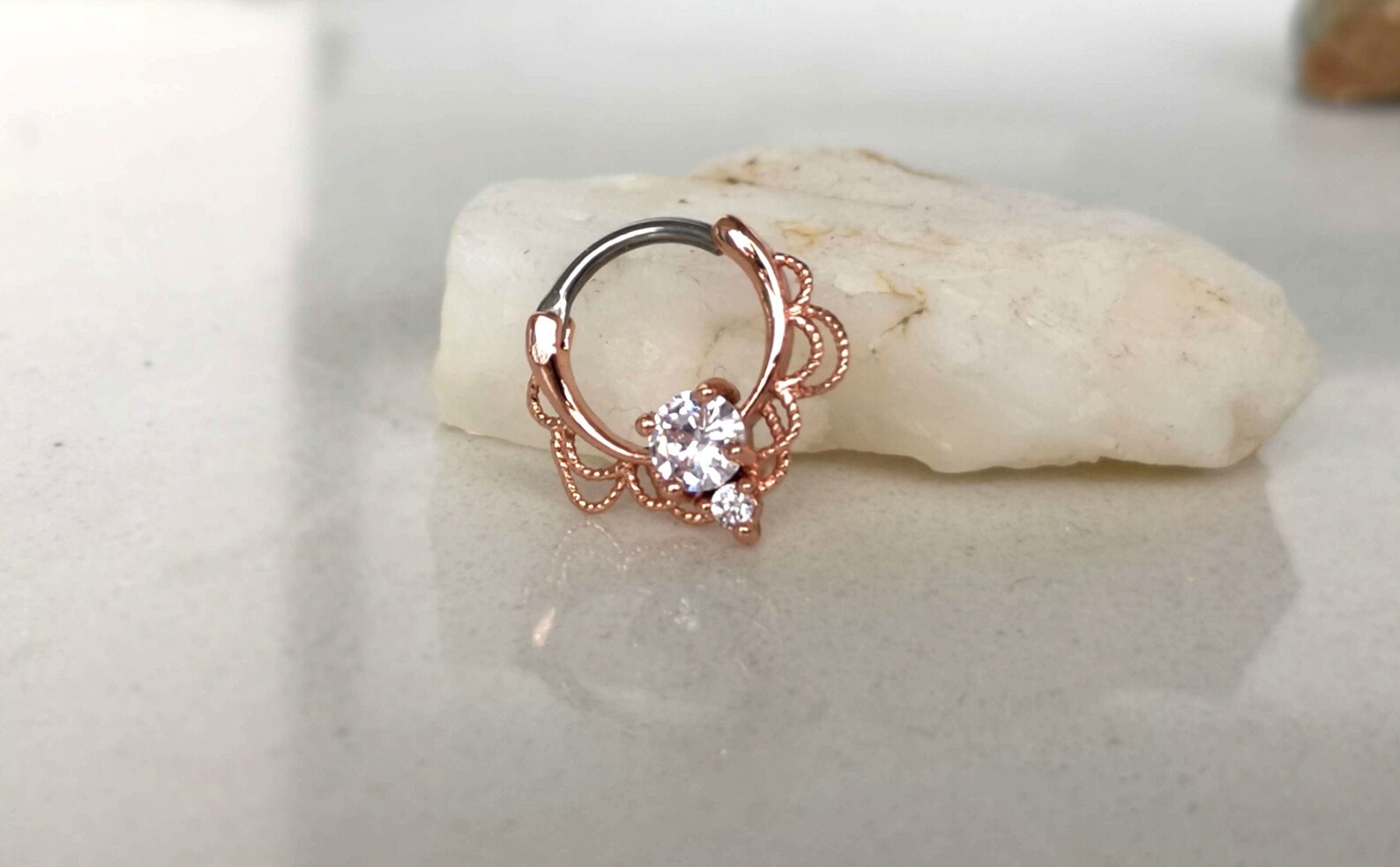 Rose Gold Septum Clicker Ring / Daith Earring With Crystals, Flower ...
