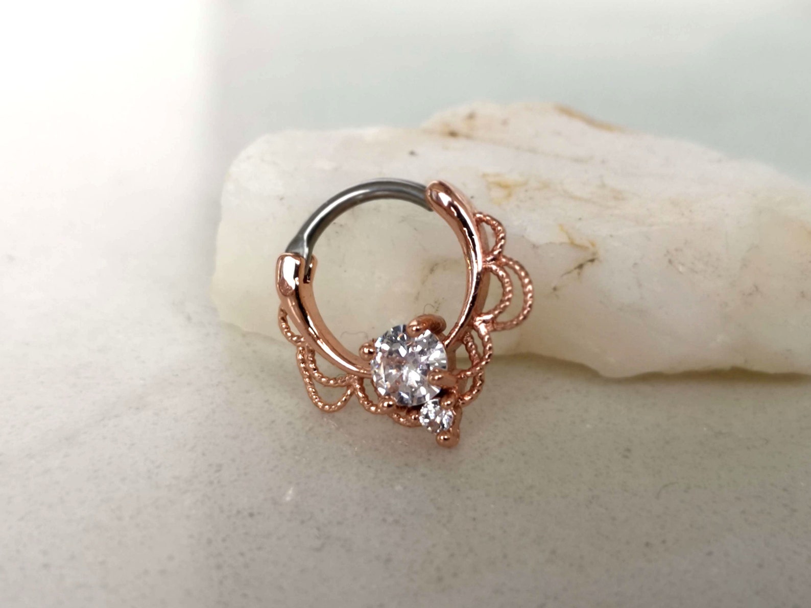Rose Gold Septum Clicker Ring / Daith Earring With Crystals, Flower ...