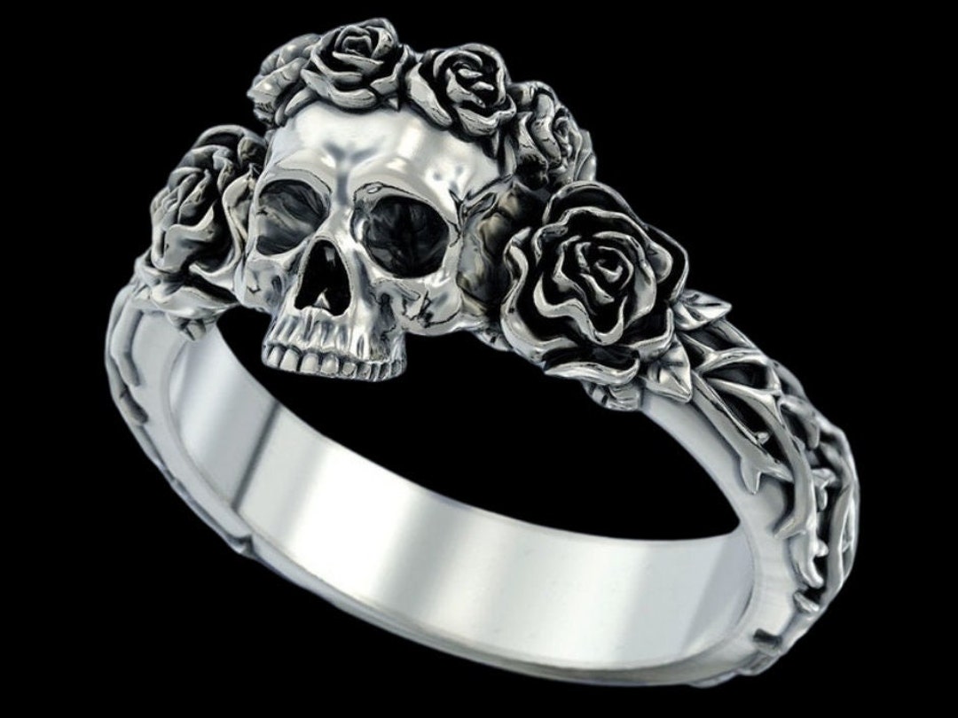 Skull and Roses Ring, Mexican Style Skull Ring in Sterling Silver - Etsy