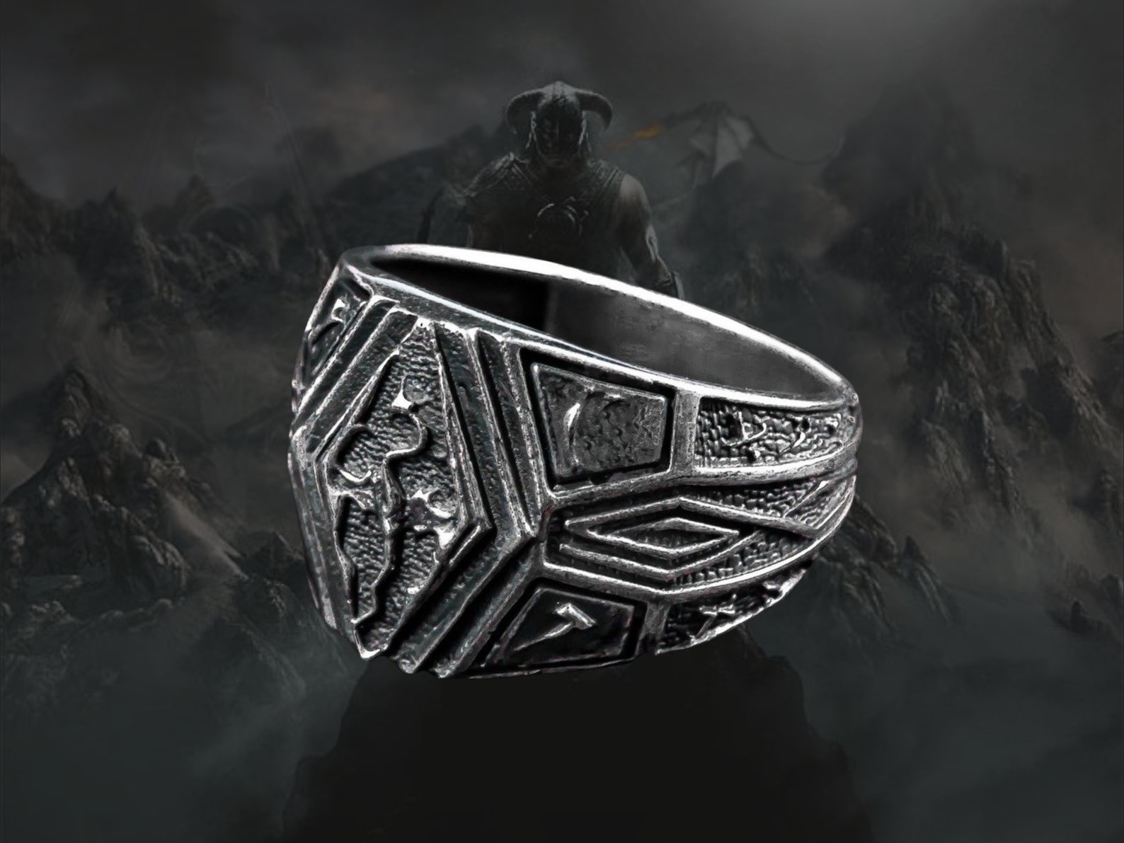 Sterling Silver Imperium Dragon Ring With Runes, Daedric Artifact Fantasy Video Game Geek ...