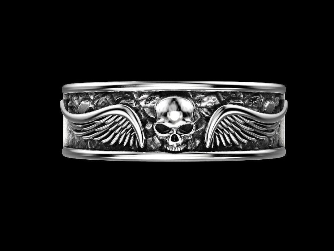 Sterling Silver Winged Skull Ring: Gothic Biker Jewelry - Etsy