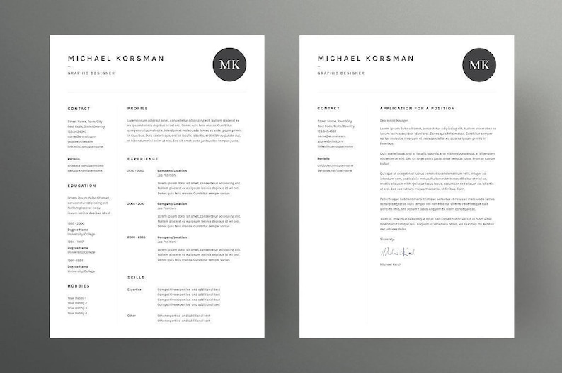 Resume Template One page CV Template Cover Letter for MS | Etsy