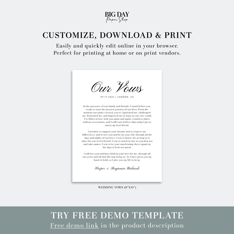 Editable Wedding Vows Template, Minimalistic Vows Gift, Printable Wall ...