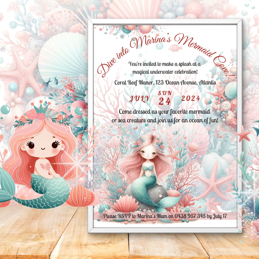 Editable Mermaid Theme Birthday Invitation Printable Canva Template ...
