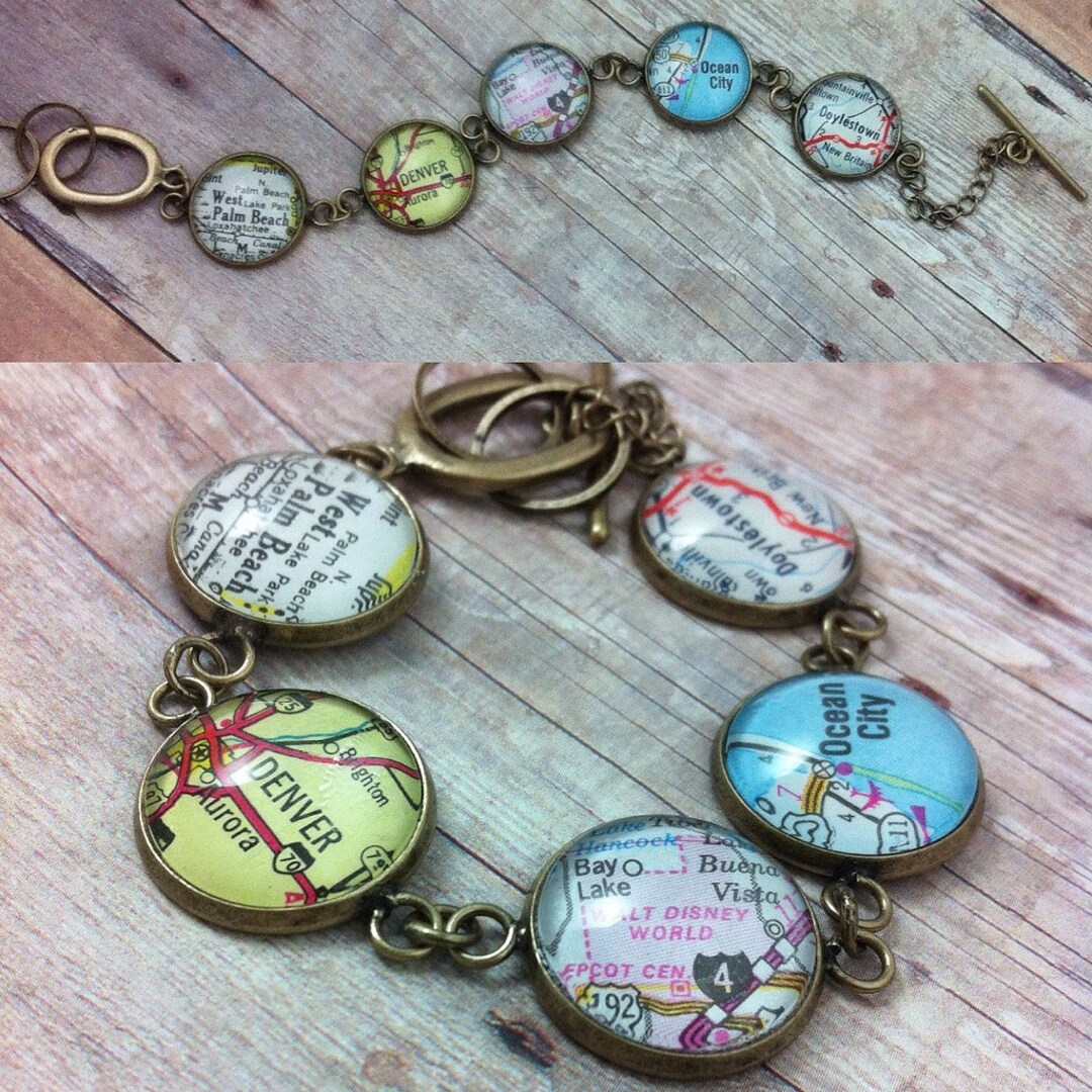 CUSTOM Map Bracelet: Personalized With 5 Vintage Map Locations of Your ...