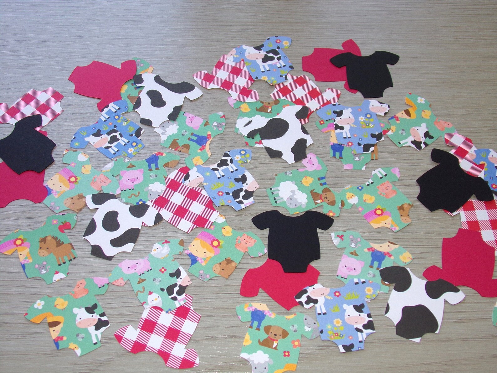 On the Farm Baby Shower Cow Print and Farm Onesie Confetti 100 Cut Outs ...