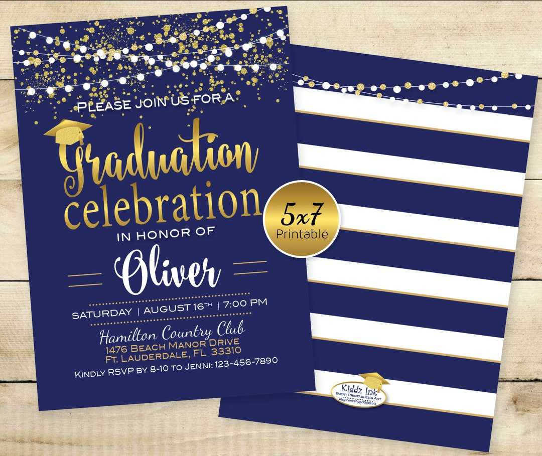 Personalized Graduation Invitation: Gold Confetti, Navy Blue (digital ...