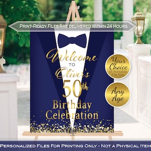 Man's Tuxedo Birthday Welcome Sign Printables Bow Tie Navy Blue Gold ...