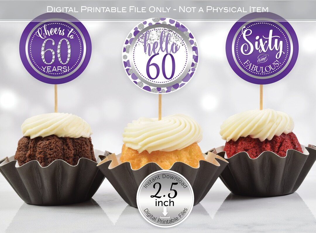 Round Cupcake Toppers | 60th Birthday | Sixty and Fabulous | 2.5 Inches ...