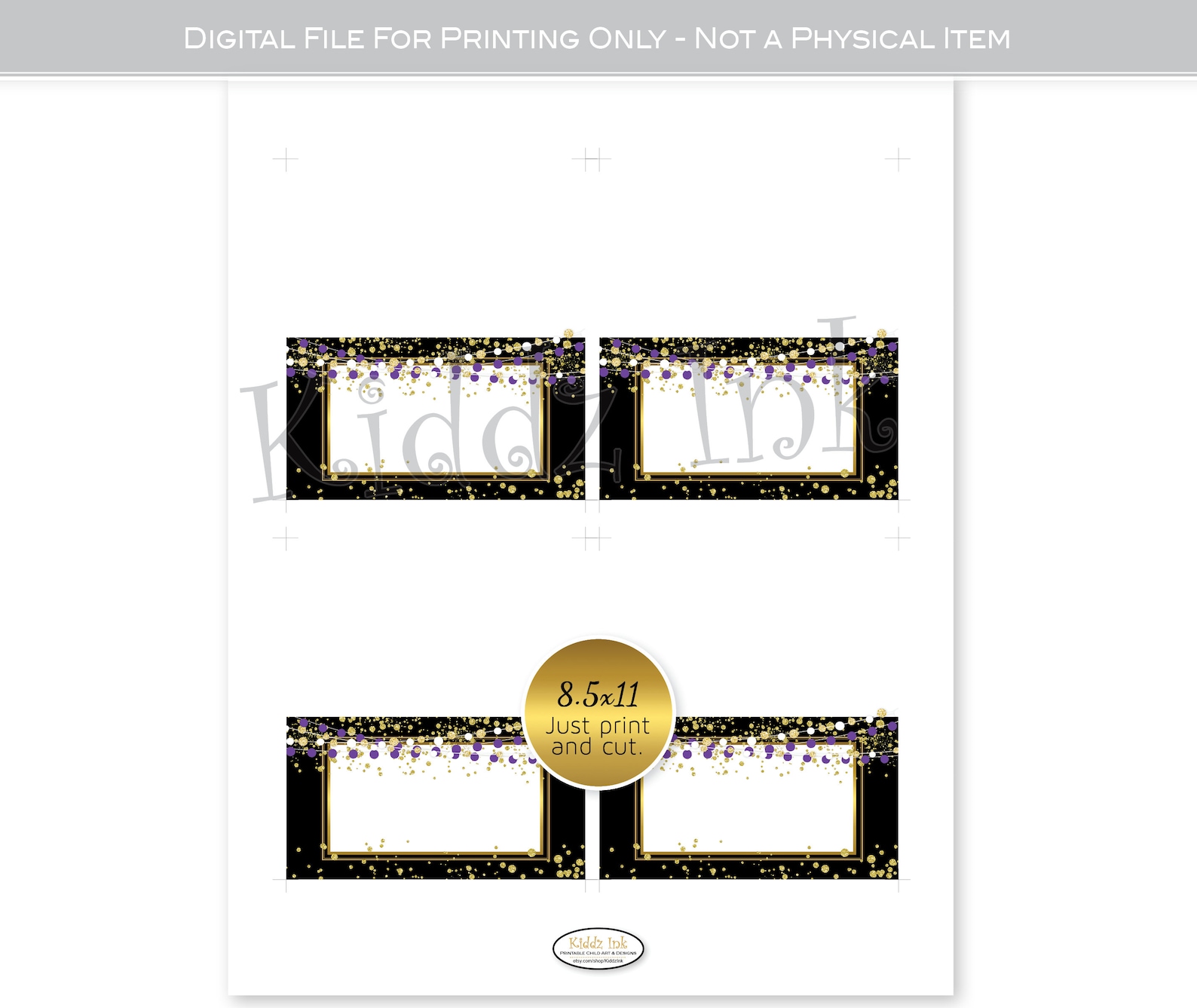 Name Place Cards Tent-folding 3.5x2 | Black Purple Gold | Faux Gold ...