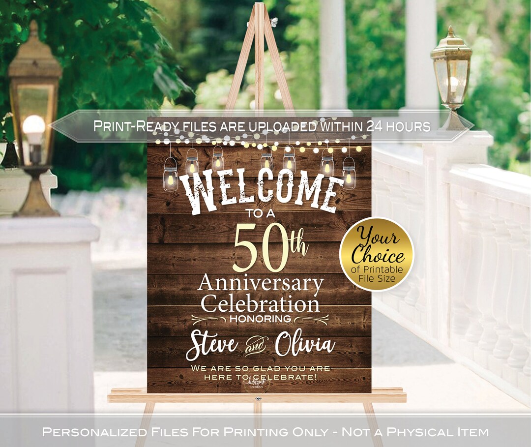 Personalized Anniversary Welcome Sign: Rustic Wood, Garland Lights ...
