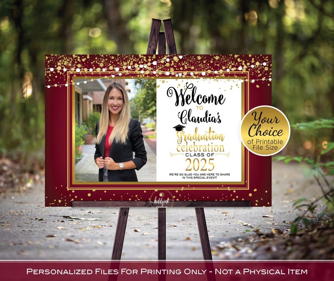 Garnet Graduation Welcome Sign With Photo: Gold Confetti, Garland ...