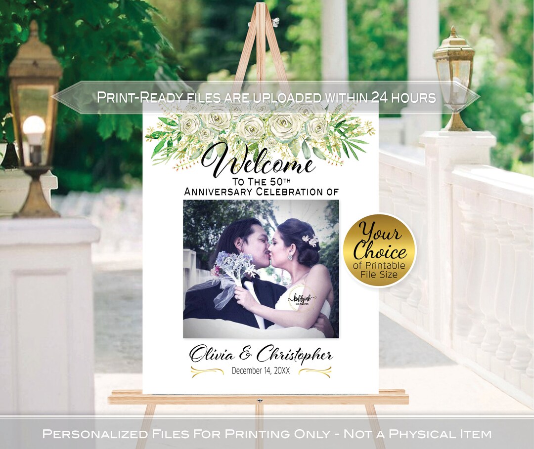 Anniversary Welcome Sign White Roses Gold Accents With Photo 25th 50th ...