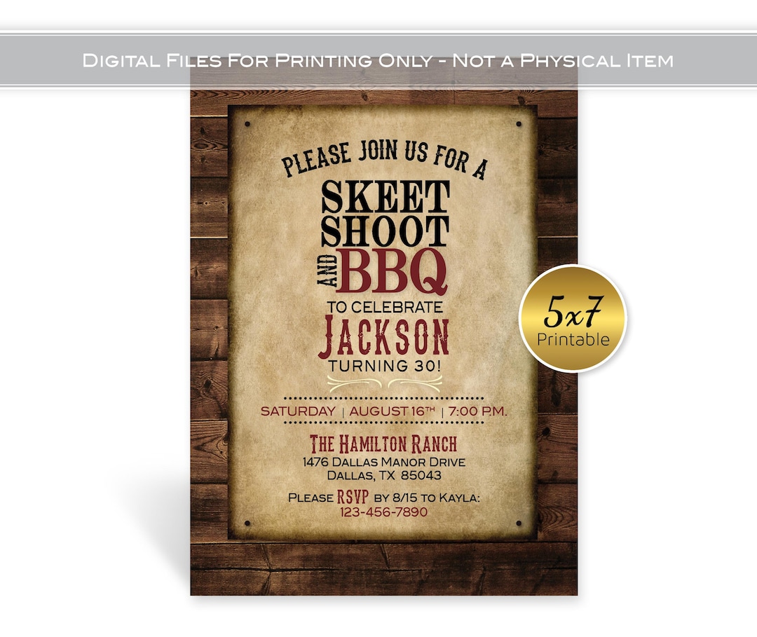 Skeet Shoot and BBQ Birthday Invitation | 5x7 | Rustic Faux Wood | Man ...