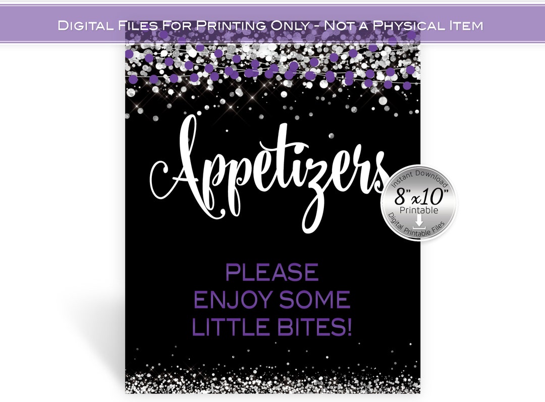 Appetizers Table Sign 8x10 Printable Birthday Garland Lights Silver ...