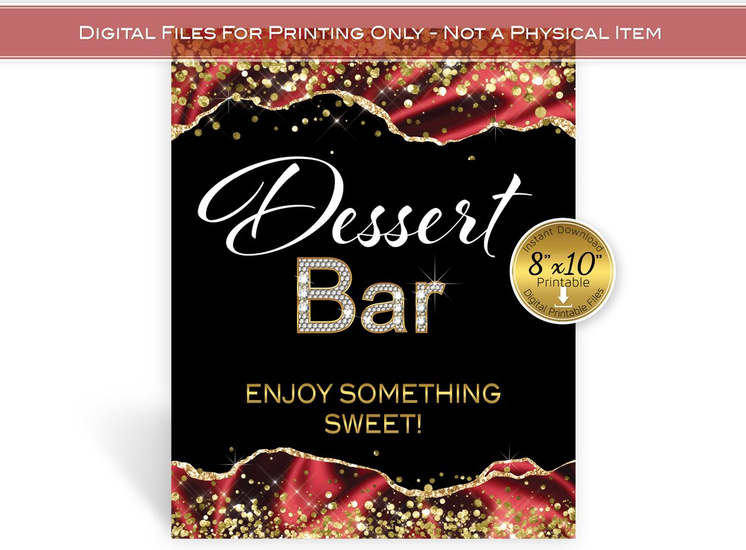 Dessert Bar Table Sign 8x10 Printable Sign in Red and Gold Agate | Gold ...