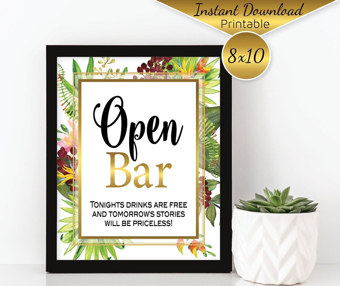 Open Bar 8x10 Printable Table Sign Free Drinks Tropical | Etsy