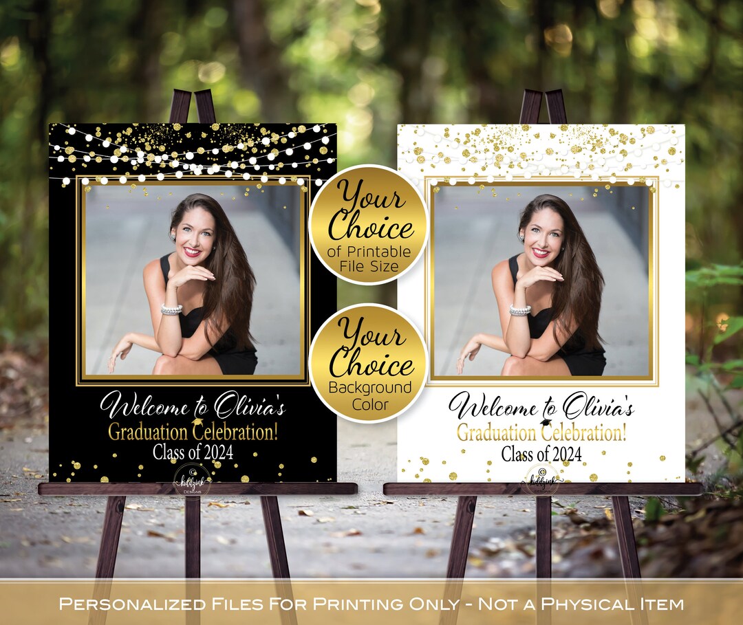 Graduation Welcome Sign With Photo Garland Lights Gold Confetti on ...