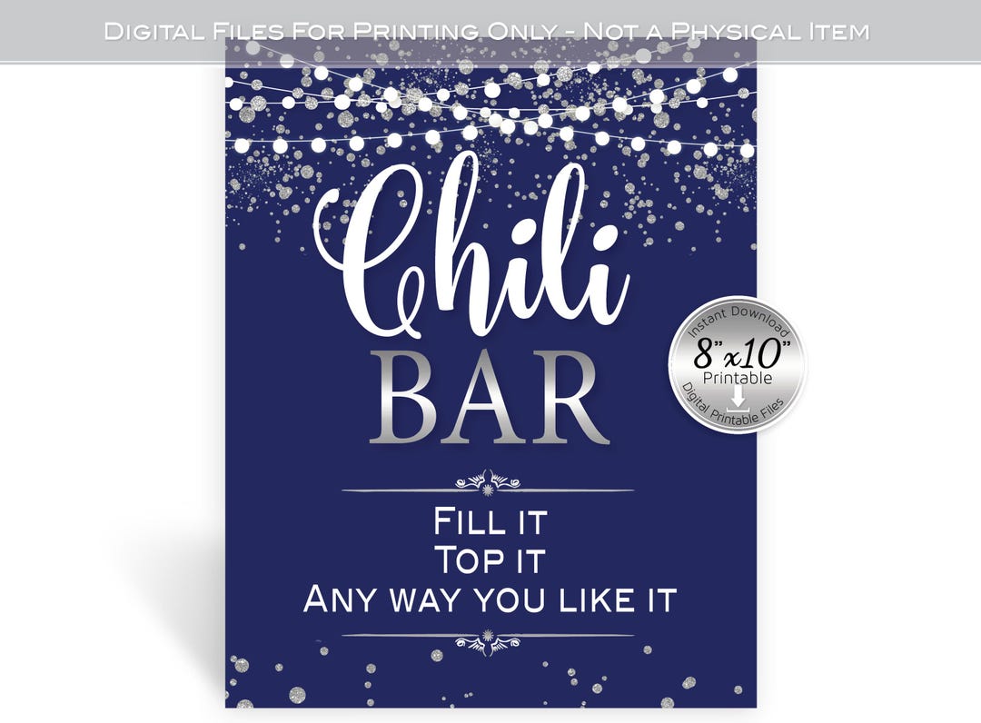 Chili Bar Table Sign | 8x10 | Navy Blue | Silver Confetti | Garland ...
