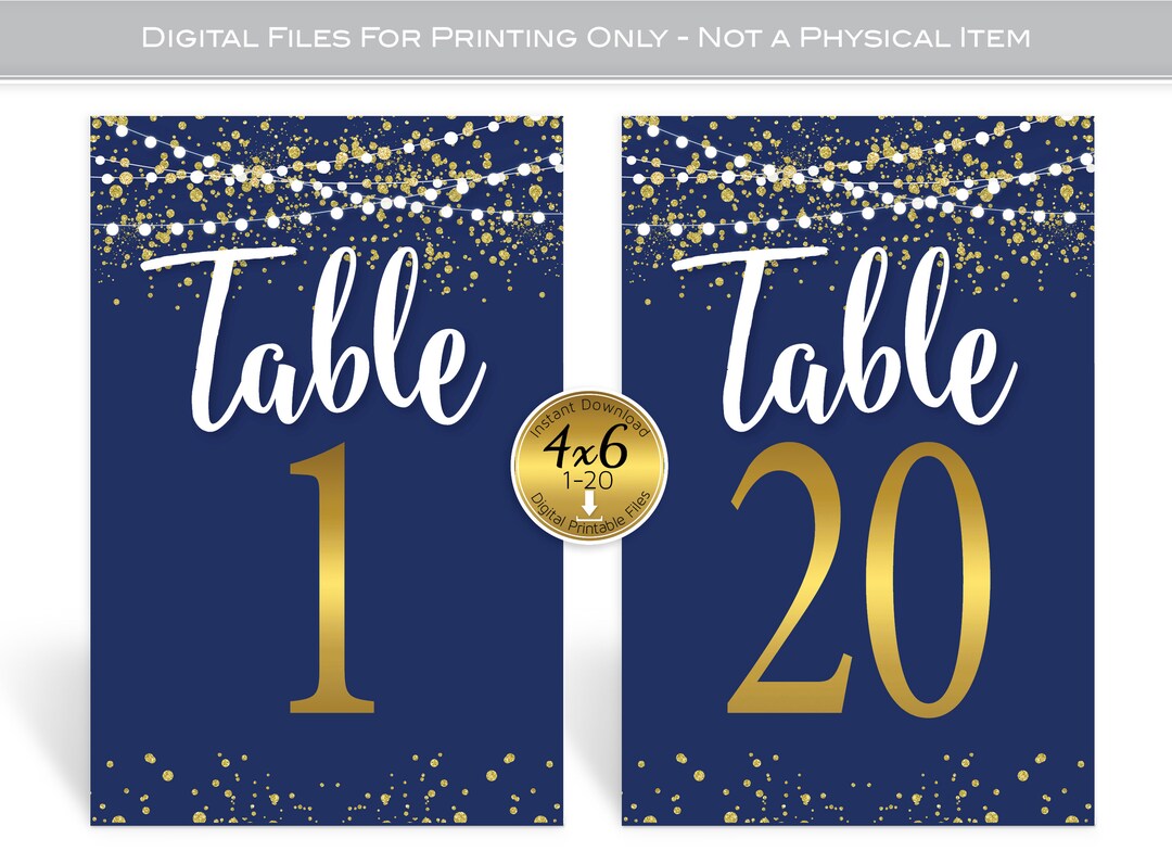Table Number Signs 1-20 | 4x6 | Garland and Gold Confetti on Navy ...