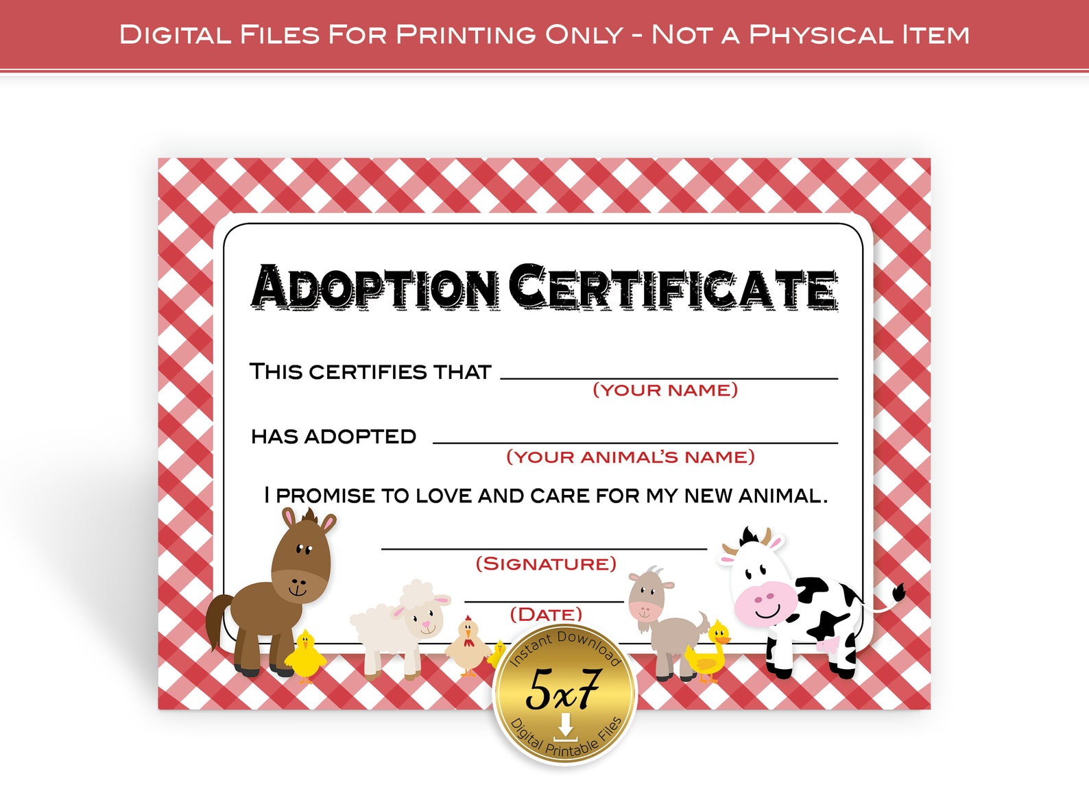 Adopt an Animal Adoption Certificate Barnyard Farm Animals - Etsy