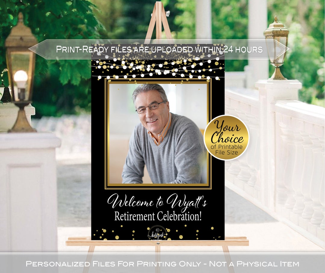 Retirement Welcome Sign Files | Garland Lights Gold Confetti on Black ...