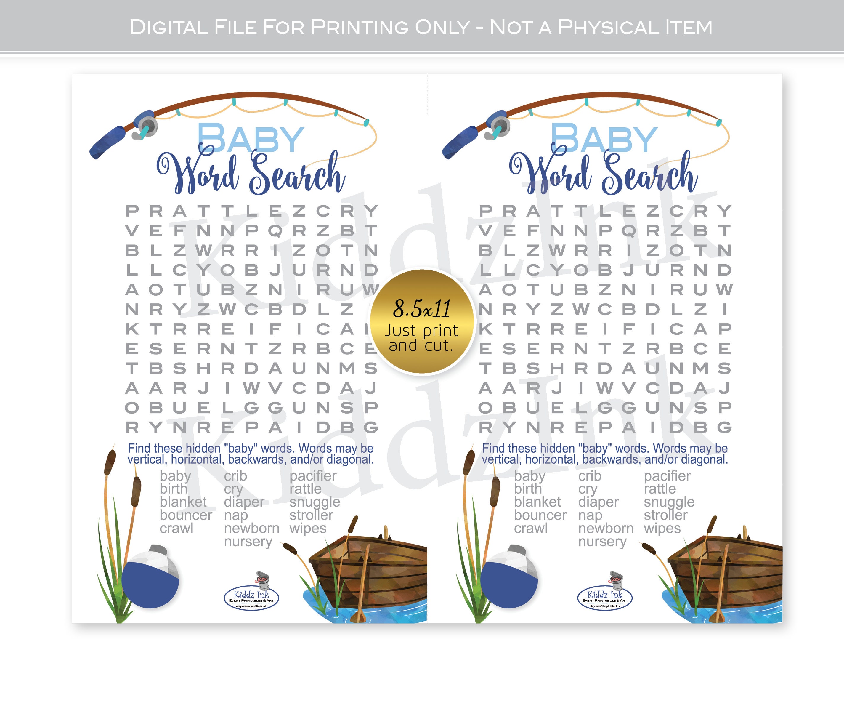 Baby Word Search Baby Shower Game | Fishing Theme | Blue Navy Gray ...