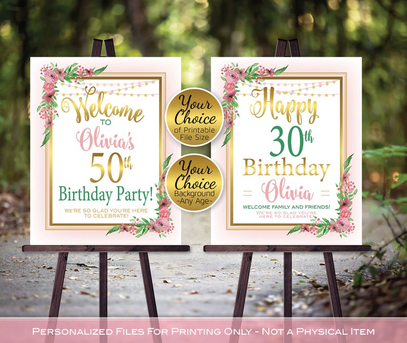 Birthday Welcome Sign Printable | Pink Flowers | Faux Gold Foil | Green ...