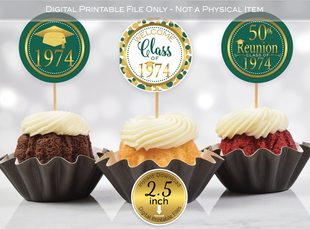 Round Cupcake Toppers 50th Reunion Class of 1974 2.5 Inches Green Gold ...