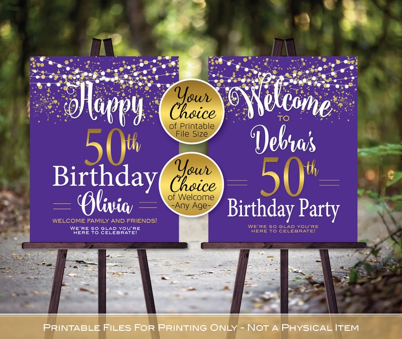 Birthday Welcome Sign Printable Purple Gold Garland Lights - Etsy