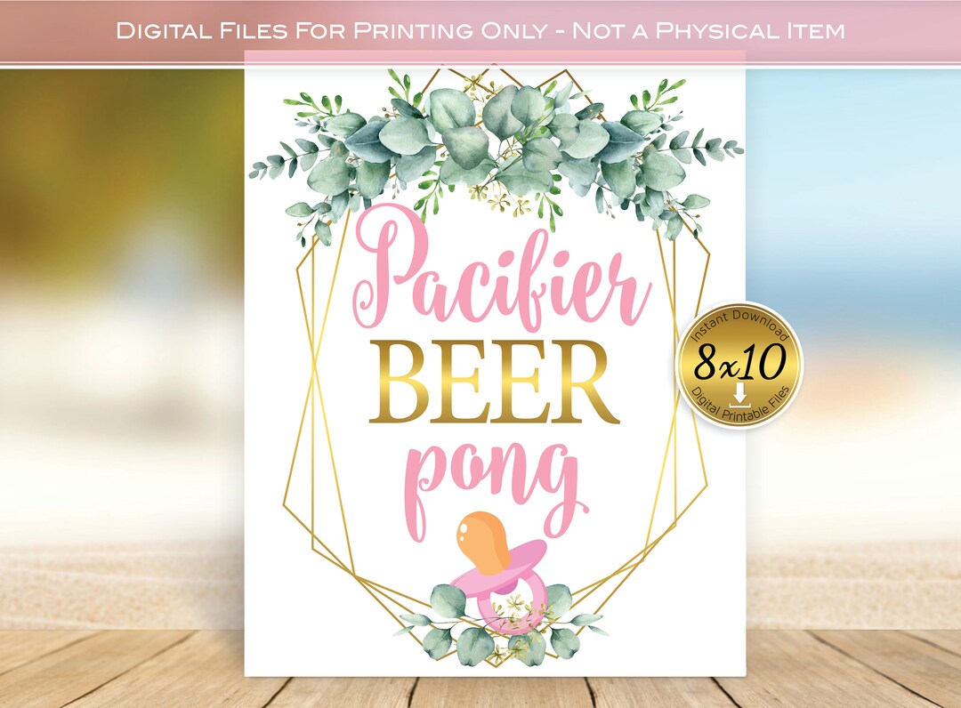 Baby Pacifier Beer Pong Game 8x10 Sign for Baby Shower | Pink With Gold ...