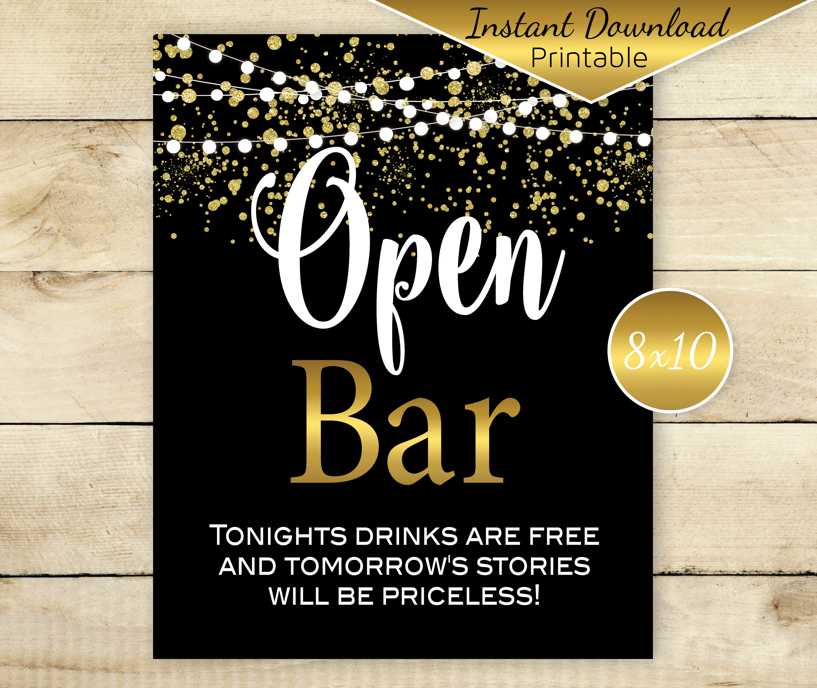 Open Bar 8x10 Sign Free Drinks Birthday Wedding Black | Etsy