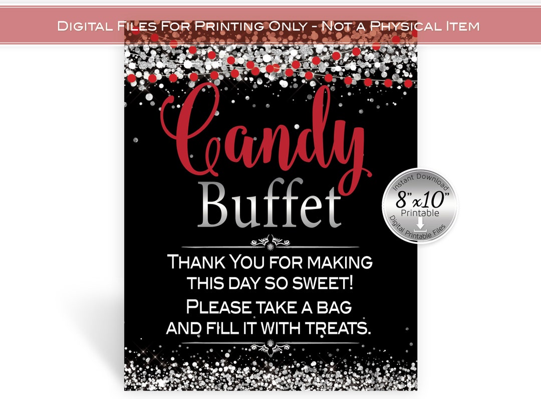 Candy Buffet Table Sign 8x10 Black Red Silver Confetti Garland Lights ...