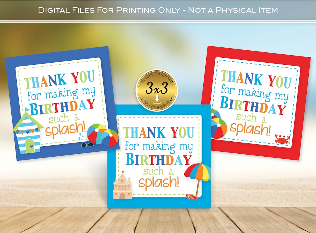Beach Bash Party Favor Thank You Tags for Birthday | 3x3 Inches | Blue ...