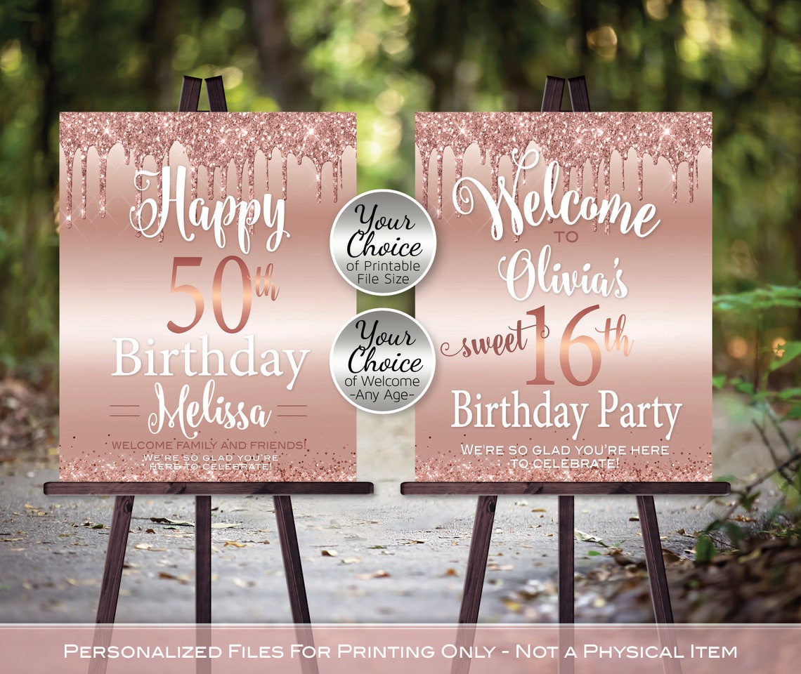 Birthday Welcome Sign Printable Dripping Rose Gold Glitter - Etsy