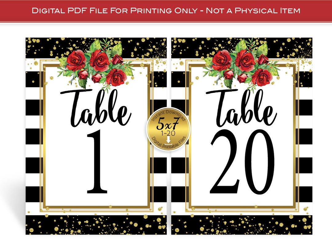 Table Number Signs 1-20 | 5x7 | Black and White Stripes With Red Roses ...