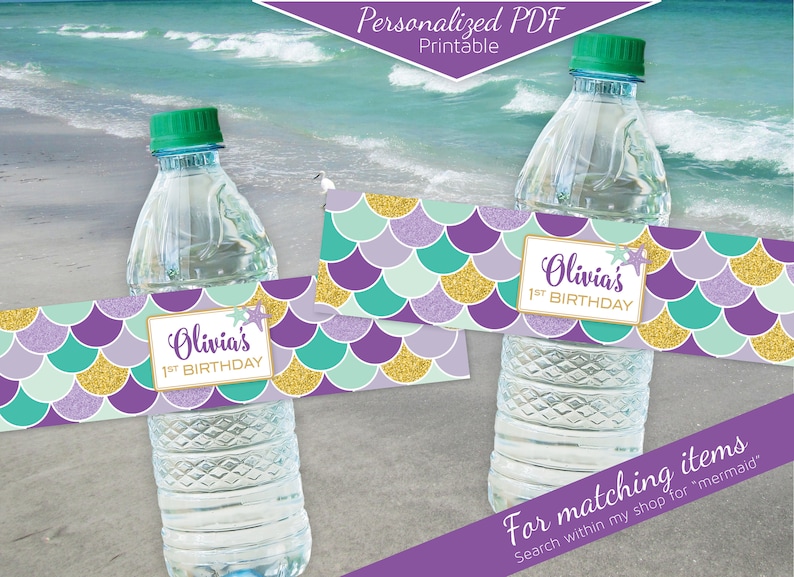 Mermaid Water Bottle Labels Personalized Purple Teal Gold | Etsy