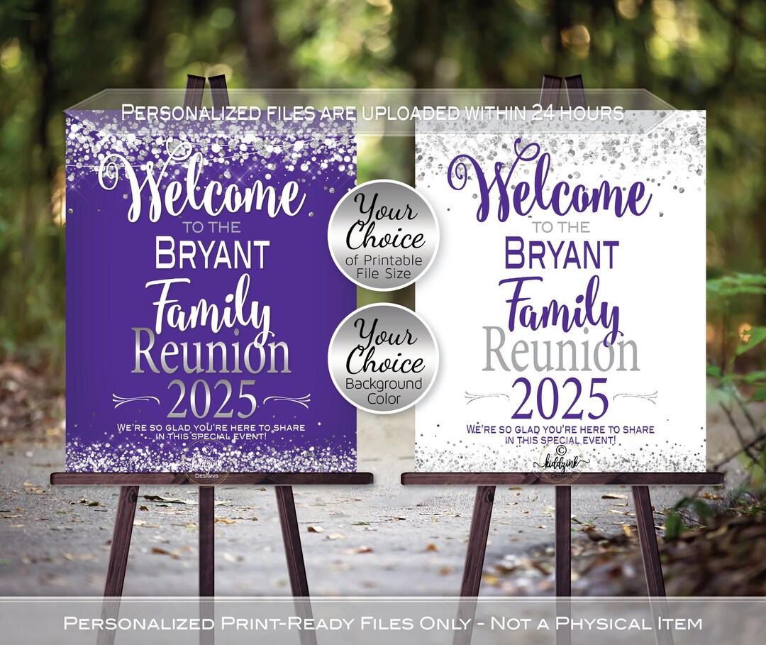 Personalized Family Reunion Welcome Sign: Silver Confetti on Purple or ...