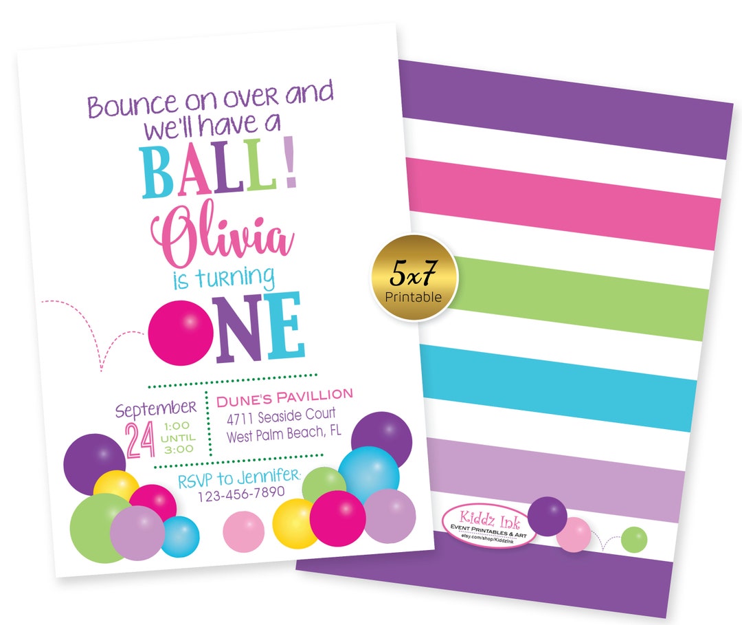 Bouncy Balls 1st Birthday 5x7 Invitation | ONE | Pink Purple Aqua Green ...