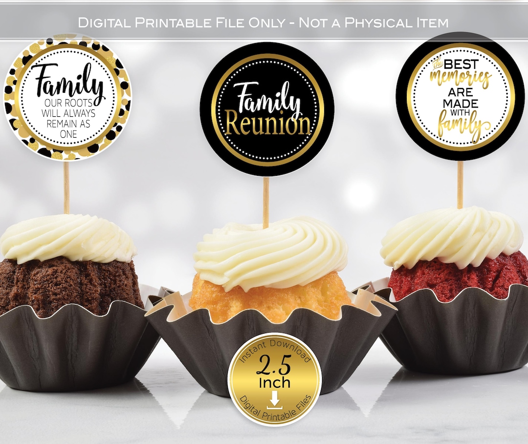 Family Reunion Cupcake Toppers: Black & Faux Gold Foil (digital ...