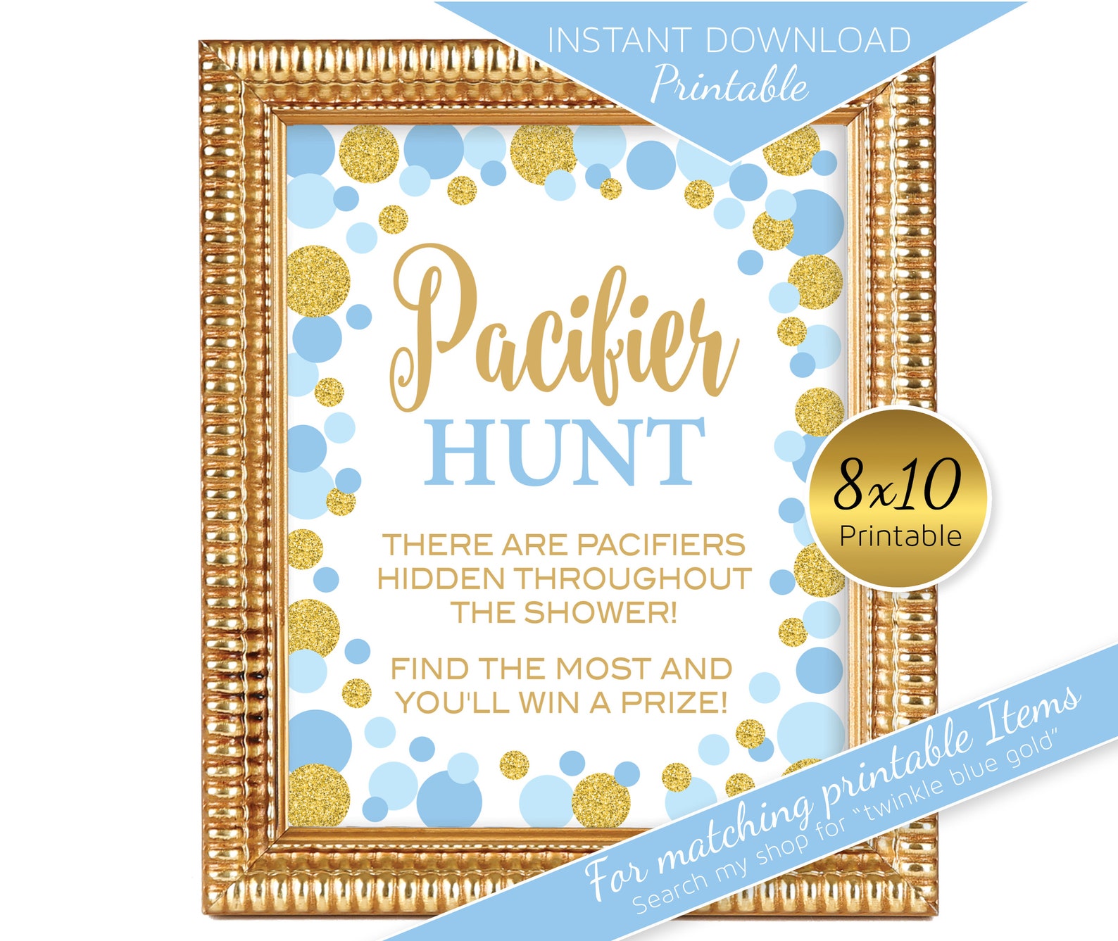 Pacifier Hunt Game 8x10 Printable Table Sign Baby Blue and Faux Glitter ...