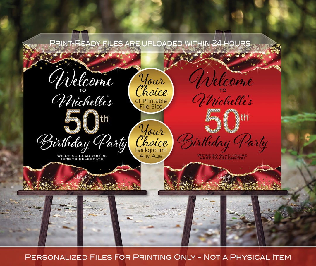 Birthday Welcome Sign Printables Red And Gold Agate Gold Confetti 40th
