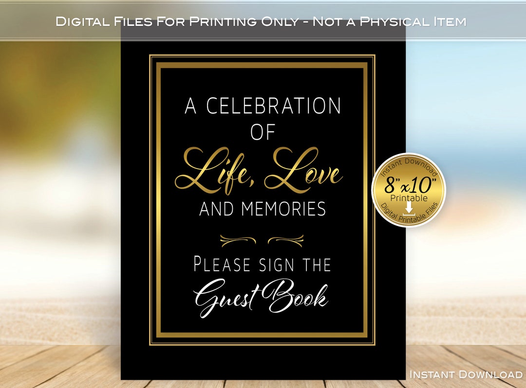 Funeral Guest Book Table Sign 8x10 Printable | Faux Gold Foil on Black ...