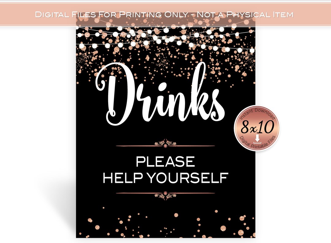 Drinks Table Sign | Birthday Printable 8x10 | Rose Gold Glitter ...