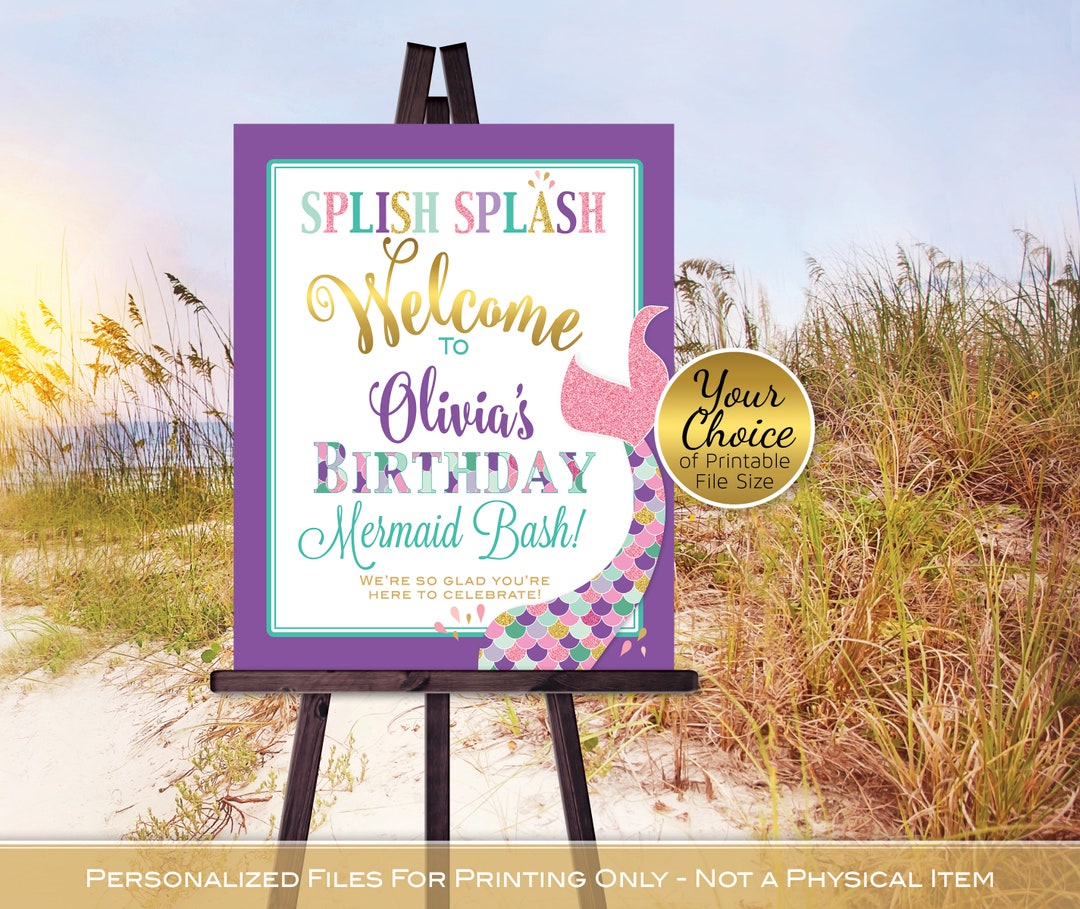 Mermaid Birthday Bash Welcome Sign Printable Purple Teal Pink Gold ...