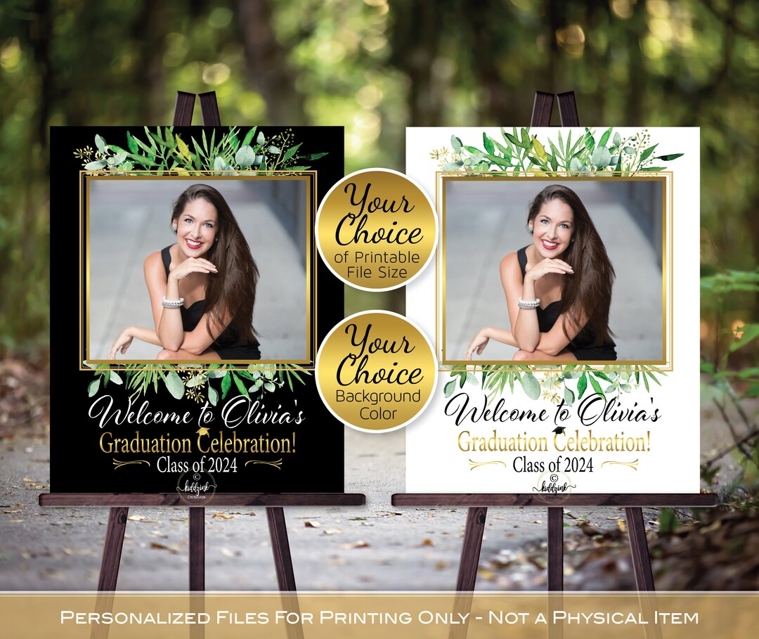 Graduation Welcome Sign With Photo Greenery Branches Gold on Black or ...