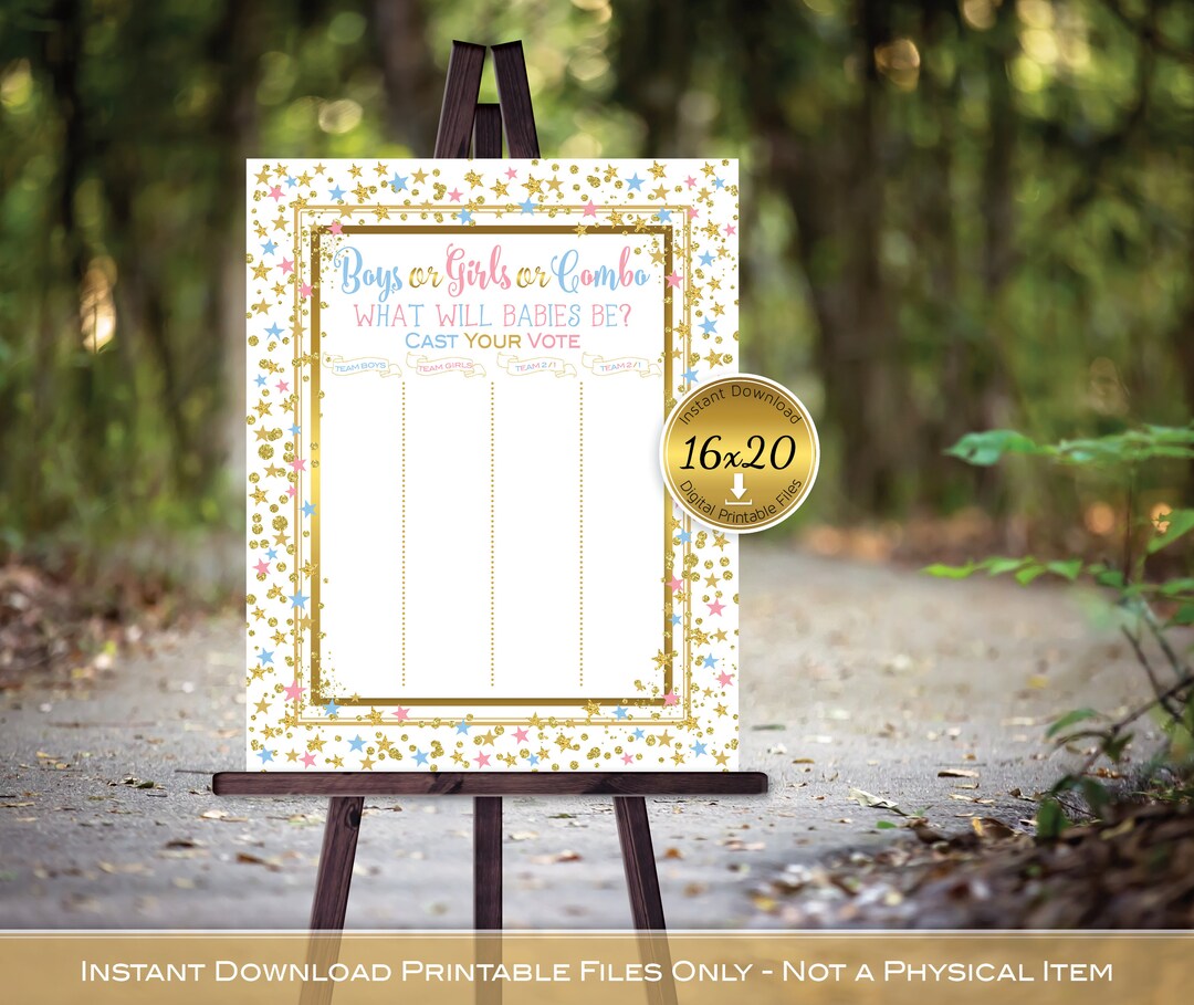 Triplets Gender Reveal Vote Chart: Pink, Blue, Gold Stars (digital ...