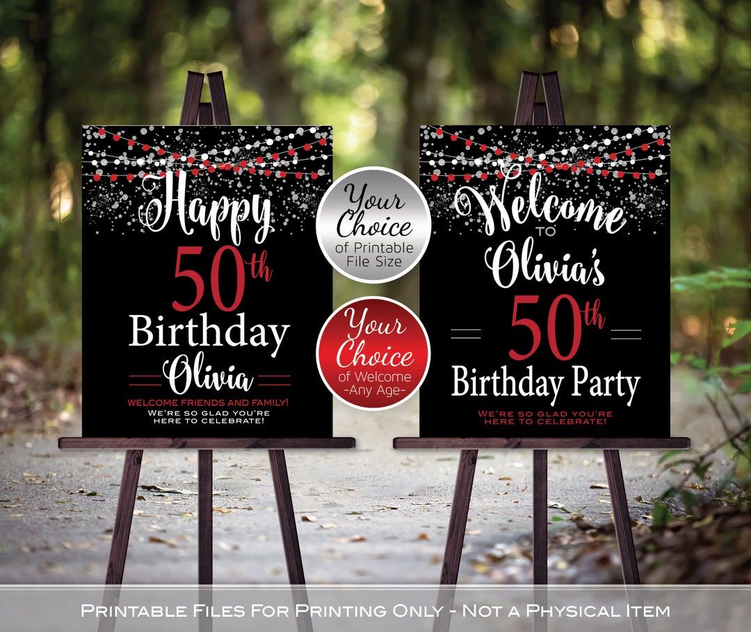 Birthday Welcome Sign Printables Red Garland Lights Silver Confetti