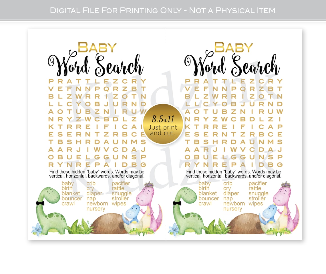 Word Search Baby Shower Game | Dinosaur Baby Shower | Hatching Baby Boy ...